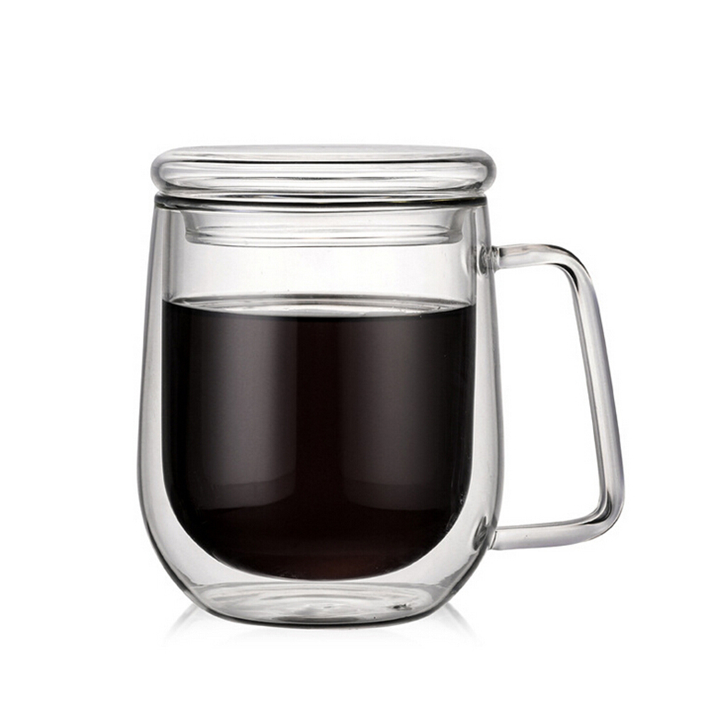 300ml Double Wall Layer Glass Cup With Lid Handgrip